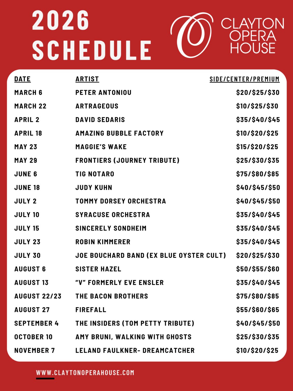 Clayton Opera House Announces 2026 Performance Season